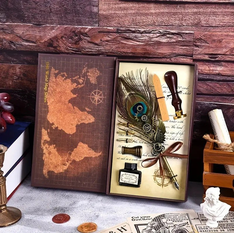 Vintage Mechanic Peacock Feather Pen Set Wax Seal Brass Base Artistic ...